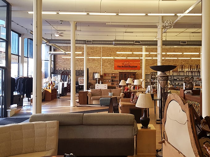 Exposed brick walls and vintage couches &ndash; this isn't your grandmother's thrift store, unless your grandmother was incredibly stylish.