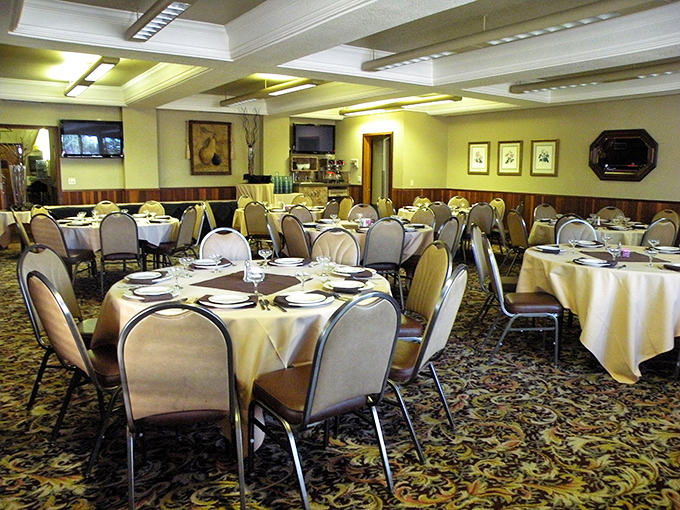 Classic dining room elegance awaits inside The Fruit Yard. White tablecloths set the stage for ribeye revelations.