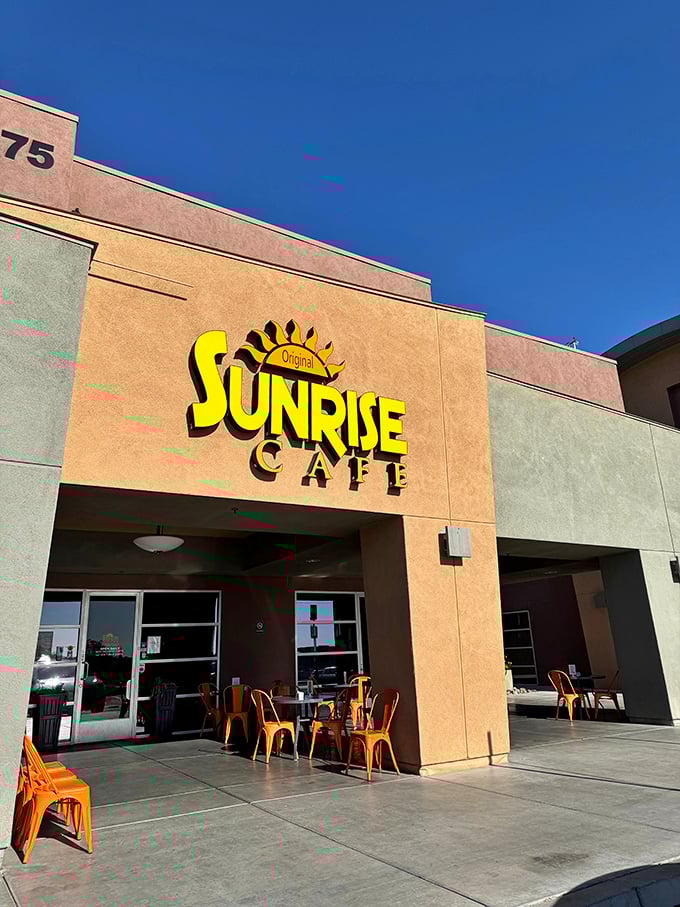 Desert sunshine meets breakfast perfection at the Original Sunrise Cafe. Those orange chairs aren't just seating&mdash;they're front-row tickets to flavor town!