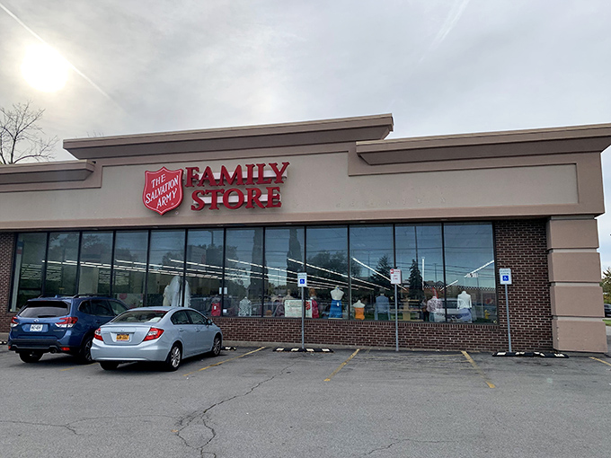Fashion resurrection headquarters! The Salvation Army's brick-and-tan fortress houses mannequins dressed in tomorrow's outfits at yesterday's prices.