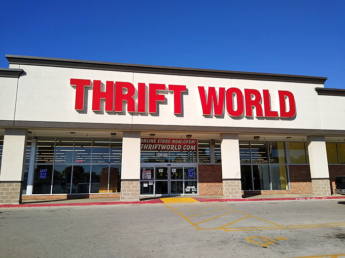 Thrift World's bold red signage is like a beacon calling all bargain hunters to shore. Treasures await!