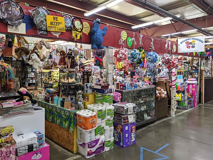 A shopper's dream come true! This booth at Treasure Aisles looks like what happens when Santa's workshop meets a discount store.