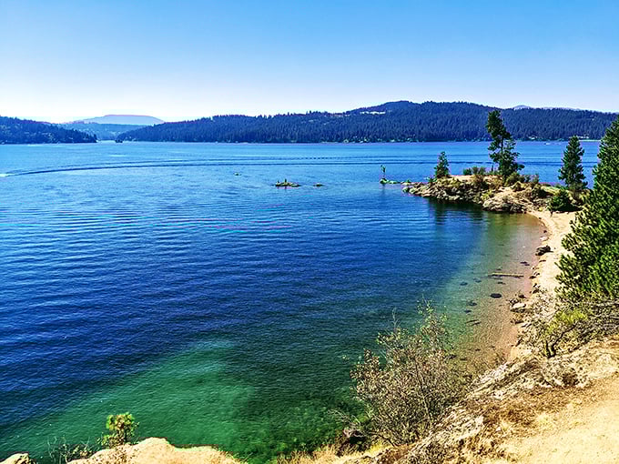 Rocky shores meet emerald waters in perfect harmony. This secluded spot feels like Idaho's best-kept secret.