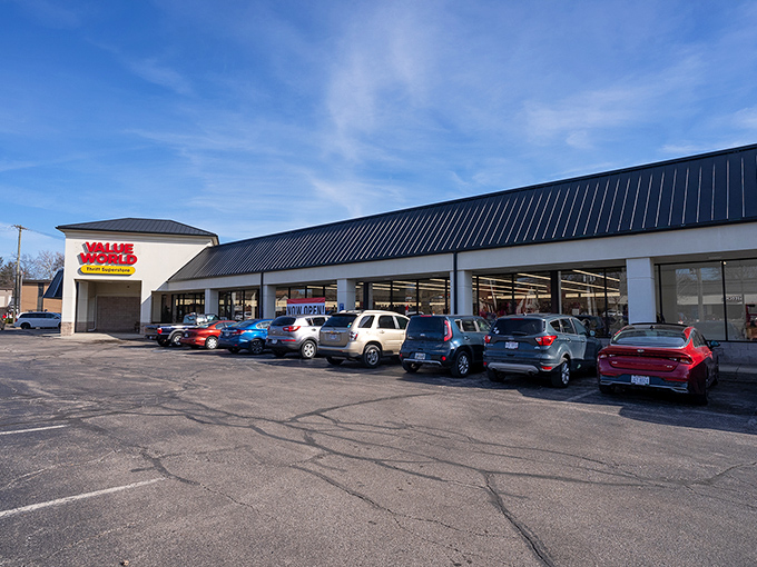 The clean lines and spacious parking lot of Value World hint at the organized chaos of treasures waiting inside.