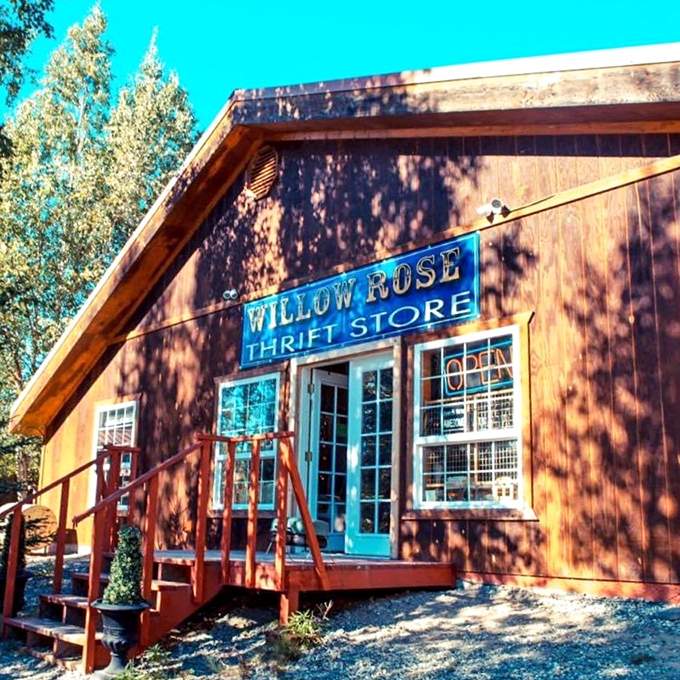 Willow Rose's charming blue door invites you into what might be the coziest thrift experience in the Last Frontier.