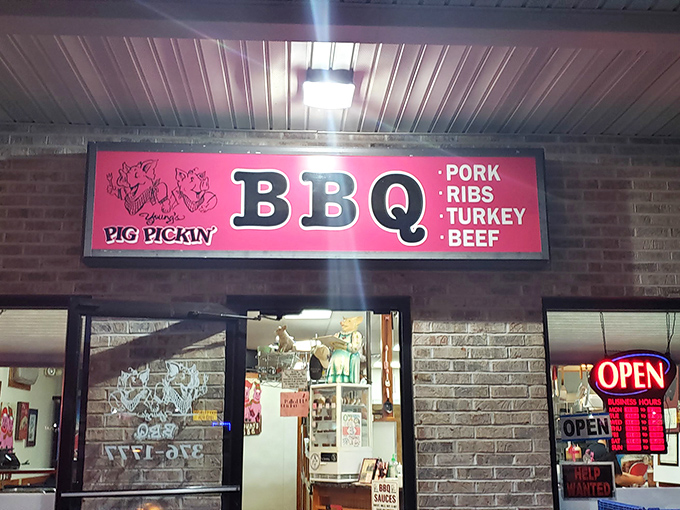 The "Pig Pickin'" sign tells the whole story - this is where serious barbecue lovers come to play.