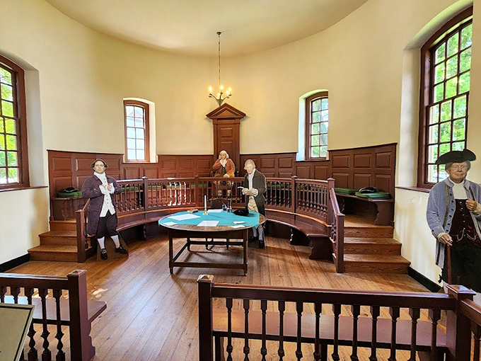 History comes alive in the 1750 Isle of Wight Courthouse. These gentlemen in period attire aren't checking their smartphones under those tables&mdash;promise!