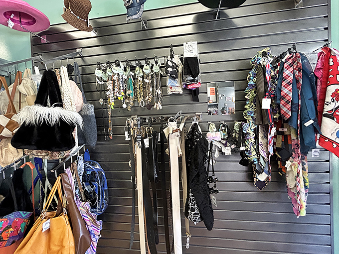 Scarves and accessories create a wall of finishing touches that'll complete any outfit you've been mentally assembling.