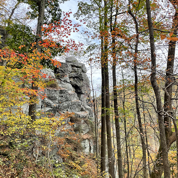 Fall foliage frames ancient rock formations in a seasonal display that makes leaf-peepers weak at the knees.