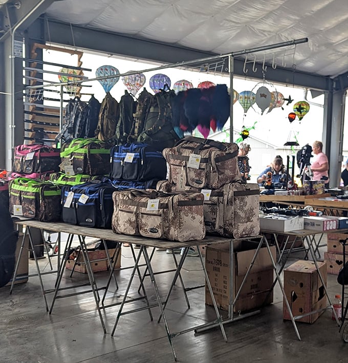Luggage and bags await their next adventure, lined up like eager travelers at a train station. That floral duffel might just hold your next vacation's memories.