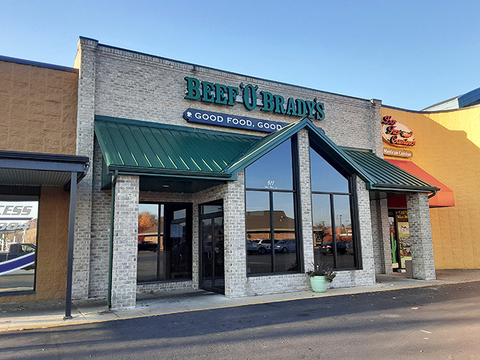 Beef 'O' Brady's brick facade and green awnings signal comfort food territory&mdash;where nobody judges you for ordering both mozzarella sticks and potato skins in one sitting.