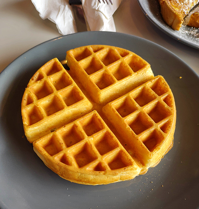 Golden as a summer sunset, this waffle proves that breakfast geometry can indeed be delicious at any hour.