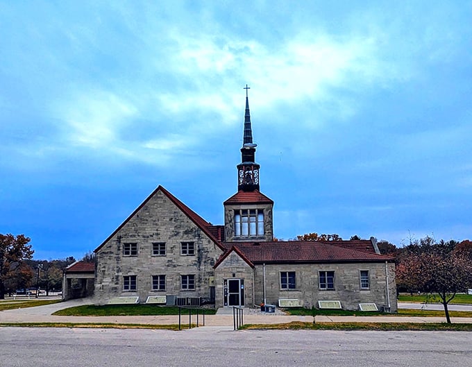 Traditional church architecture meets community gathering space in this beautifully maintained stone building with its distinctive steeple.
