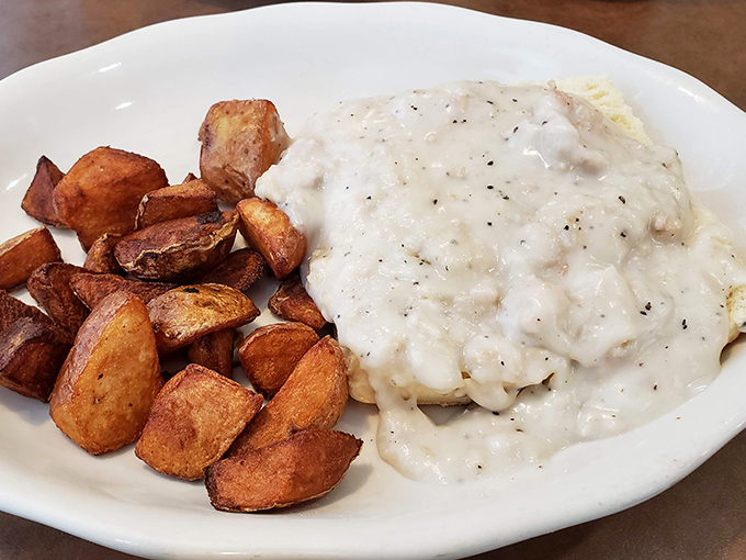 Biscuits and gravy: where comfort food meets art form. Those home fries look like they've achieved the perfect crisp-to-fluffy ratio&mdash;the golden ratio of breakfast.