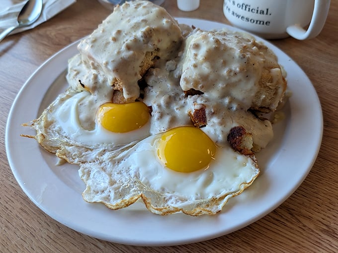 Biscuits smothered in gravy with sunny-side-up eggs&mdash;the breakfast equivalent of a warm hug from your favorite grandma.