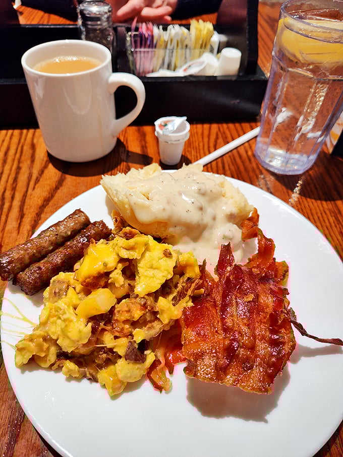 A seriously hearty plate of morning goodness! Plenty of savory sides and creamy comfort food to start the day right.