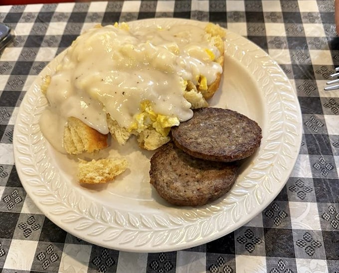 Biscuits and gravy that settle the age-old debate of substance versus style by triumphantly delivering both. The sausage patties stand at attention.