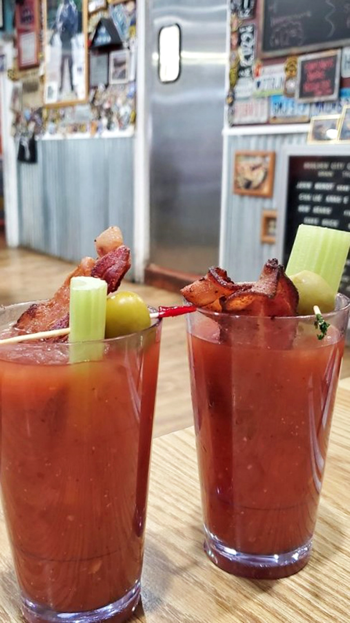 Bloody Marys garnished with bacon and celery &ndash; because vegetables make this a perfectly acceptable breakfast beverage, right?