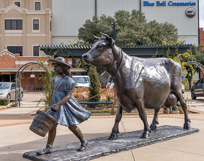 Blue Bell's charming cow-and-girl statue celebrates the sweet relationship between Brenham and its famous creamy export. Ice cream tourism at its finest!