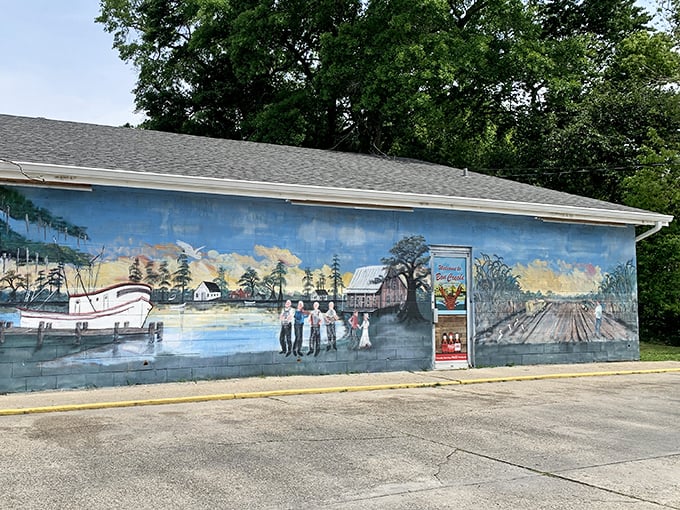 A vibrant mural captures bayou life, proving that sometimes the best art gallery in town doesn't have admission fees or pretentious wine.