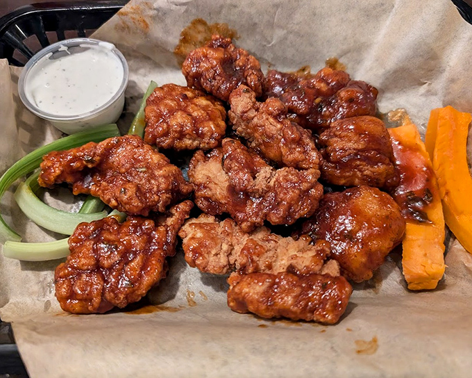 These boneless wings aren't just food&mdash;they're a commitment to excellence. Crispy, saucy perfection served with the traditional celery peace offering.