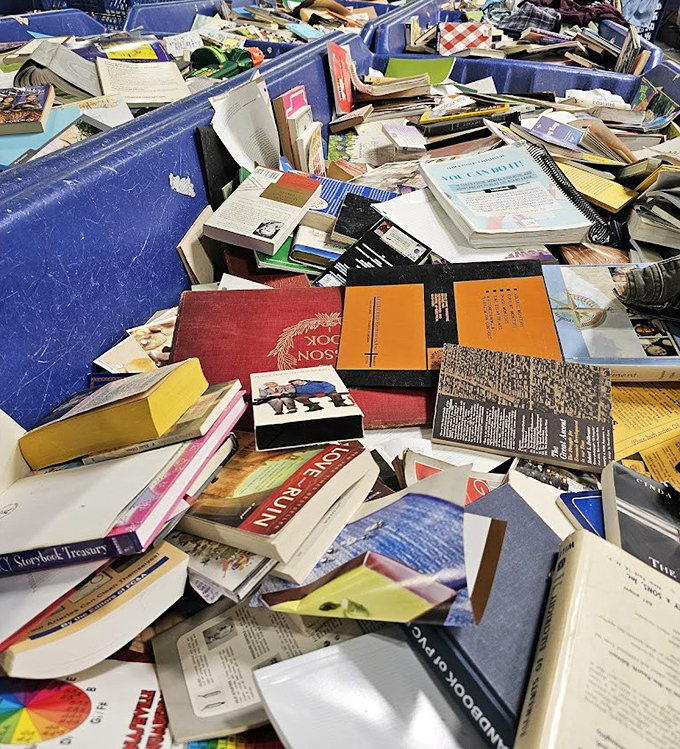 Literary lottery tickets stacked in blue bins. Somewhere in this paper jungle lurks a first edition or that cookbook your grandmother swore by.