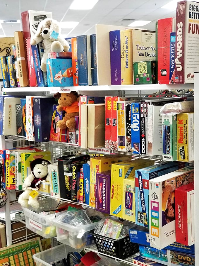 Books and board games share shelf space with plush companions. Who knew Monopoly and teddy bears could be the start of your next family game night?