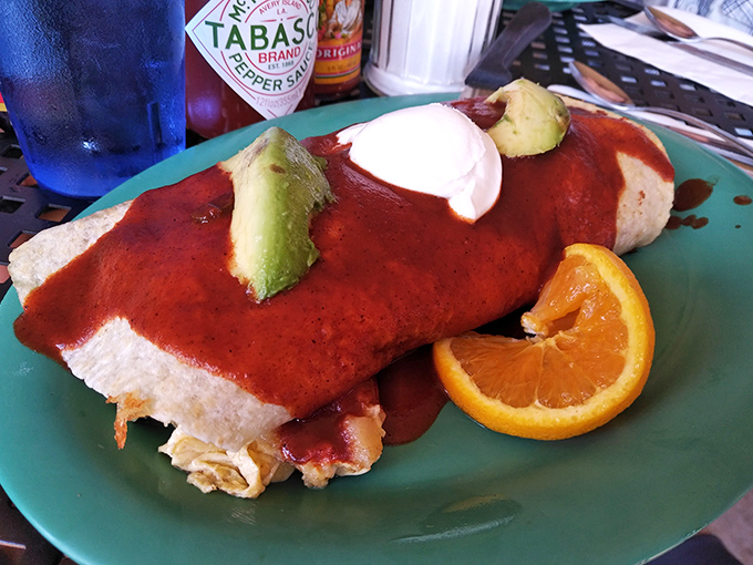 This breakfast burrito, smothered in red sauce and topped with avocado, is what morning motivation looks like.