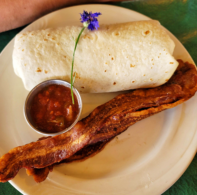 Not all heroes wear capes – some come wrapped in flour tortillas with crispy bacon and house-made salsa, garnished with an edible flower.