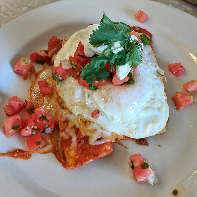 When enchiladas meet breakfast, magic happens &ndash; topped with a sunny-side-up egg that's practically winking at you.
