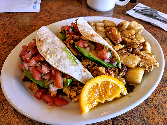 Breakfast tacos that would make Austin jealous. Fresh ingredients, perfect seasoning, and a side of potatoes that could steal the show on their own.