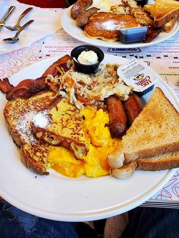 The breakfast sampler that dreams are made of&mdash;French toast, scrambled eggs, and sausage links performing a delicious morning symphony on your plate.