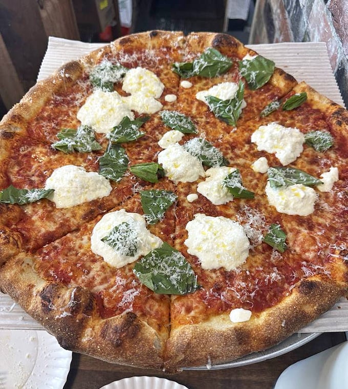 Fresh burrata and basil on perfectly charred crust &ndash; proof that simplicity, when executed with this much care, is the ultimate sophistication.