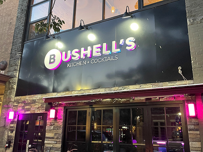 Bushell's neon sign glows like a beacon for the hungry and thirsty, promising craft cocktails and the kind of meals you'll text friends about.