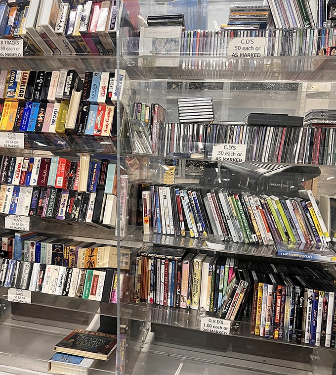 Books, CDs, and movies galore&mdash;media that once entertained families now waits for a second act in someone else's living room.