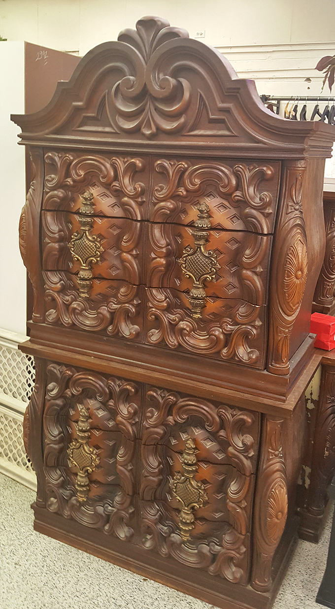 This ornate wooden dresser isn't just furniture&mdash;it's a time machine to an era when craftsmanship ruled and scrollwork was king.