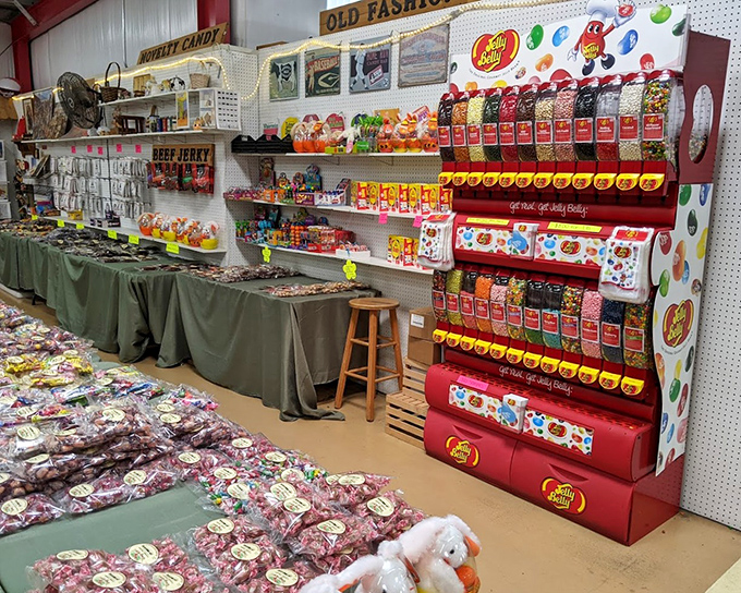 Sweet temptations line the walls in this candy vendor's booth. Jelly Belly dispensers stand like colorful sentinels guarding a sugar-coated kingdom