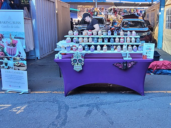 A purple-draped altar to scented wax, where candles promise to transform your home from "eau de dog" to "lavender dreams."