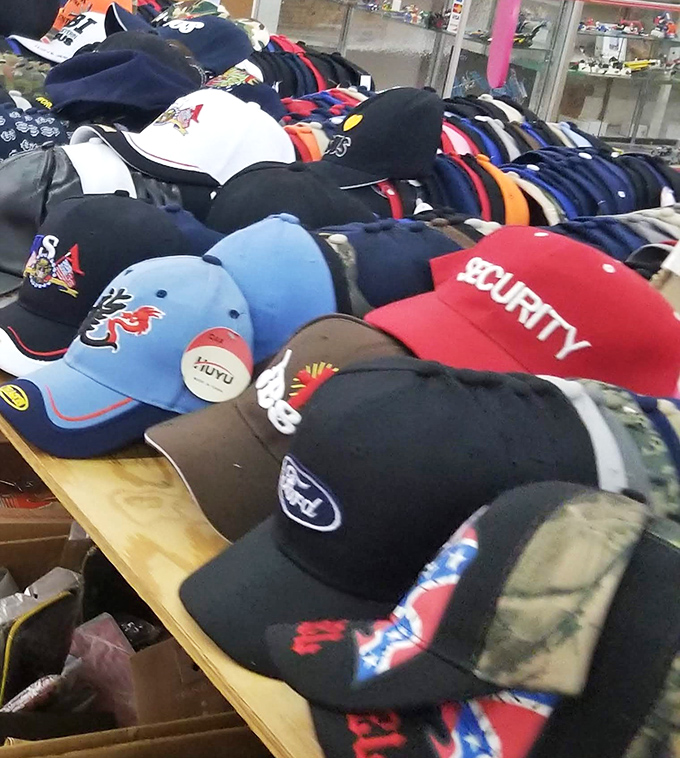 Baseball cap heaven, where team loyalties stack up like old rivalries. That Tigers cap has seen more heartbreak than a country music station.