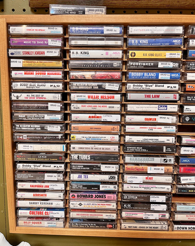 Cassette tapes arranged like library cards from the era when making a mixtape was true love.
