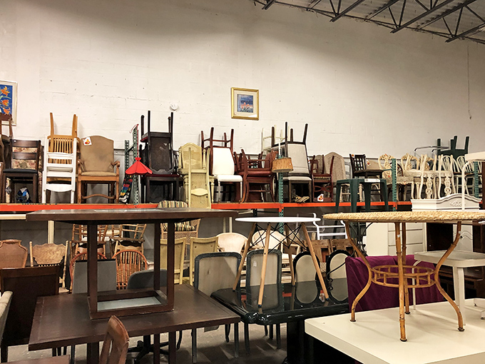 Chair heaven, where dining sets have divorced and remarried in fascinating new combinations. That orange leather number is calling your name.