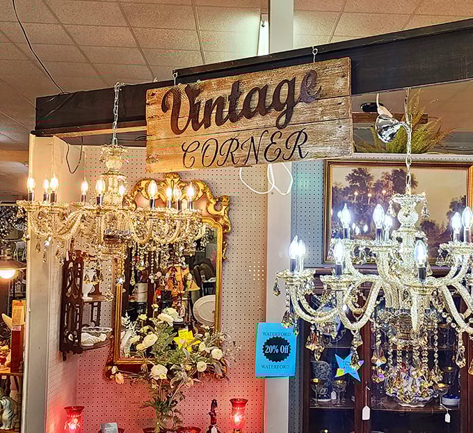 The "Vintage Corner" sparkles with crystal chandeliers that once illuminated conversations in homes where "social media" meant dinner parties.