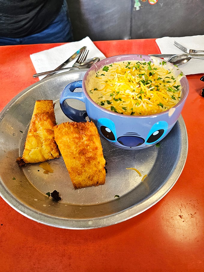 Comfort in a bowl: this hearty soup with golden cheese comes served in character mugs that make you feel like you're dining with old friends.