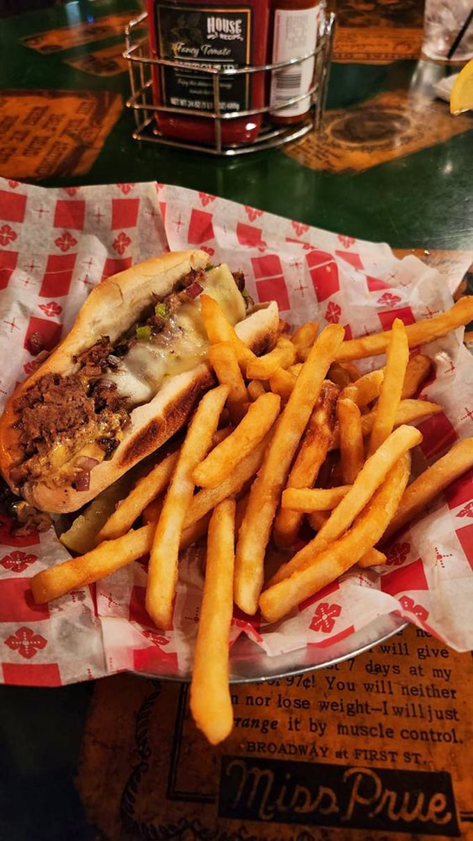 A cheesesteak that would make Philadelphia jealous, served with a side of golden fries that crackle with each bite. Frontier comfort food at its finest.