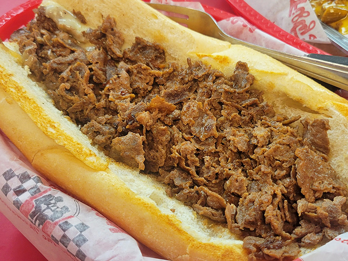 Philly's most famous sandwich, served with respect and reverence. That perfectly toasted roll cradles seasoned beef like it was born for this purpose.