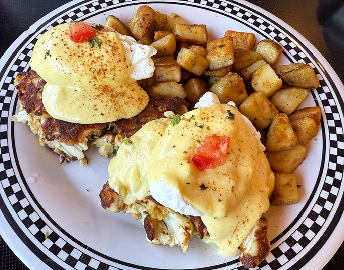 Chesapeake Benedict: where crab cakes replace English muffins and hollandaise cascades like a yellow waterfall of happiness.