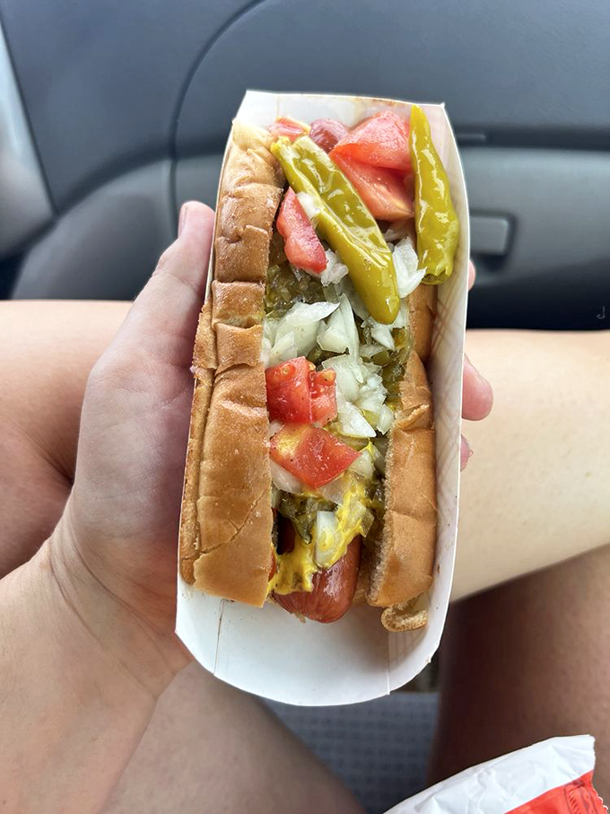 The Chicago dog, transported to Florida but losing none of its Windy City attitude. Those sport peppers mean business!