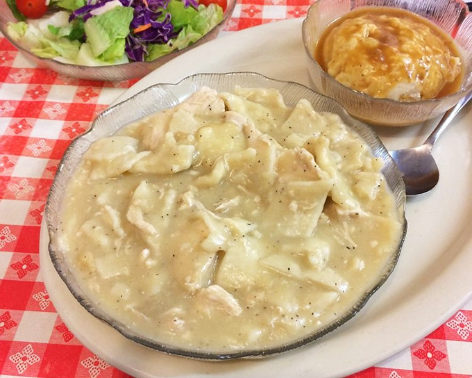 Chicken and dumplings served in portions that could double as a flotation device in case of emergency comfort food cravings.