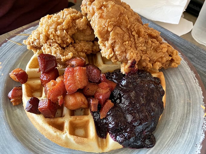 Chicken and waffles: the culinary equivalent of a perfect marriage. The crispy coating whispers sweet nothings to that golden waffle below. 