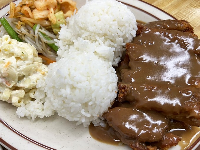 The chicken cutlet plate lunch&mdash;where crispy meets savory meets "why don't I eat this every day?" A perfect harmony of textures.